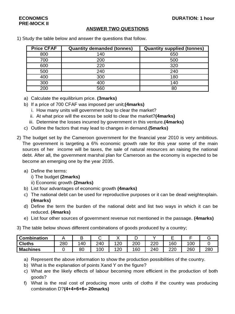 Economics Pre-Mock II Exam Questions | PDF | Economics | Prices
