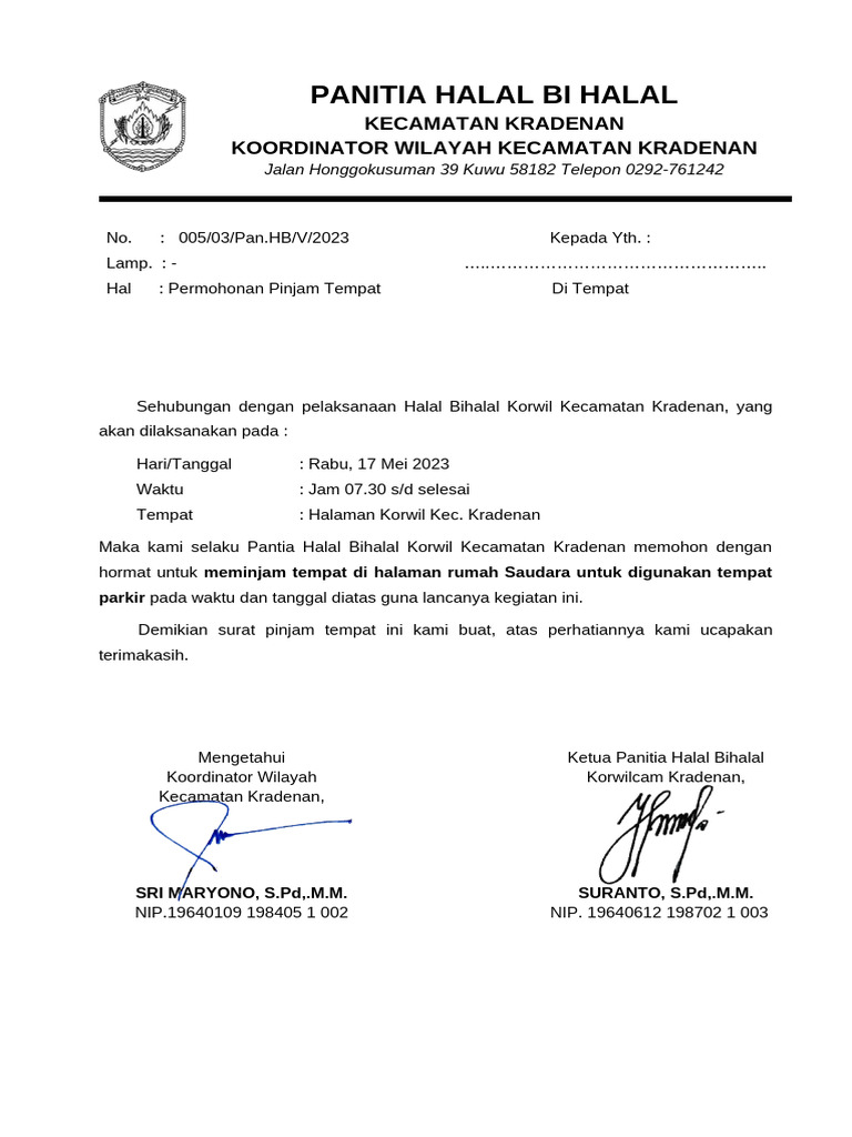 Surat Pinjam Tempat Untuk Parkir | PDF