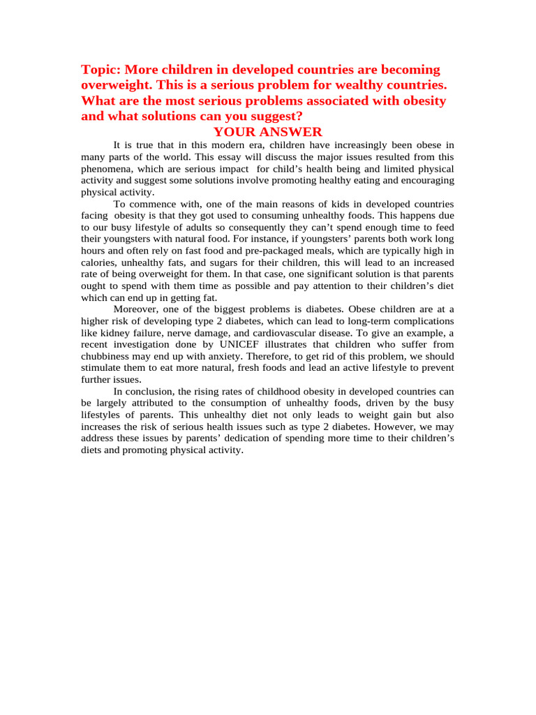Ielts Writing Task 2: More children in developed countries are becoming ...