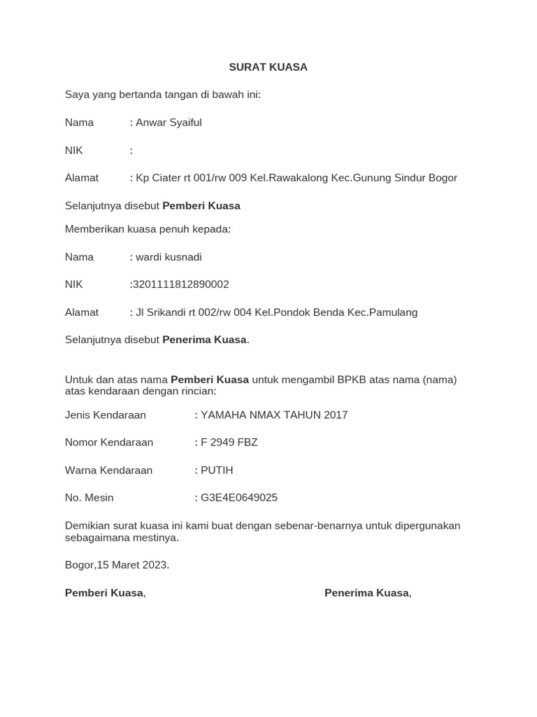 Surat Kuasa Pengambilan BPKB | PDF