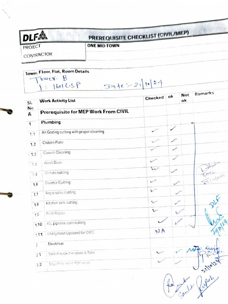 Prerequisite Checklist (Civilimep) : Prerequisite For MEP Work From ...