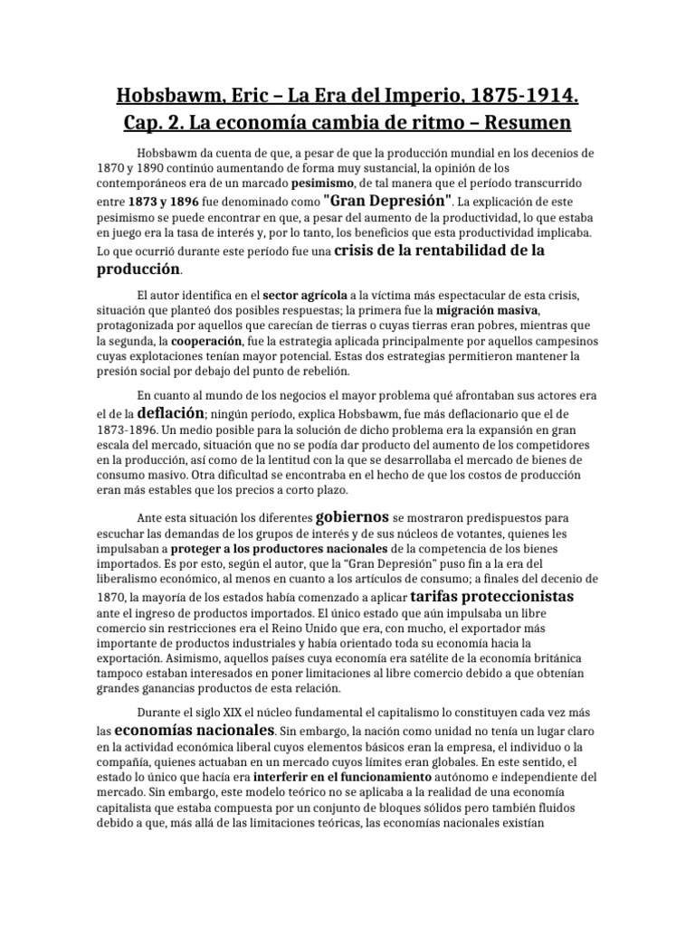 Hobsbawm, Eric - La Era Del Imperio, 1875-1914. Cap. 2. La Economía Cambia de Ritmo - Resumen ...