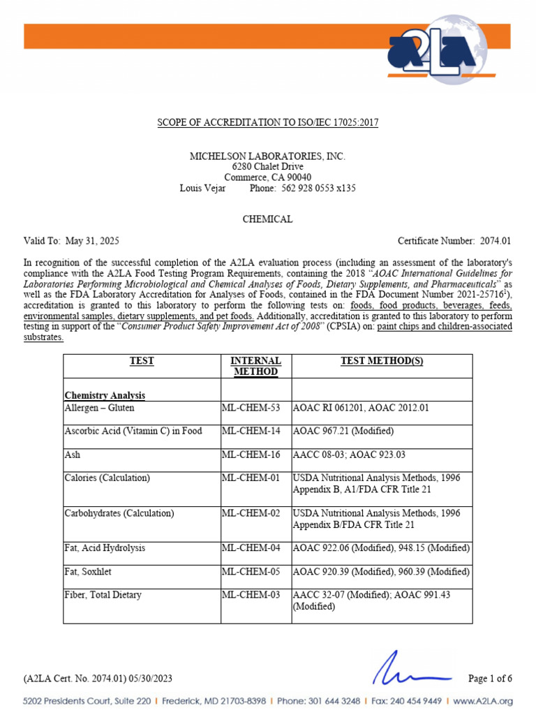 A2LA Accreditation for Michelson Labs | PDF