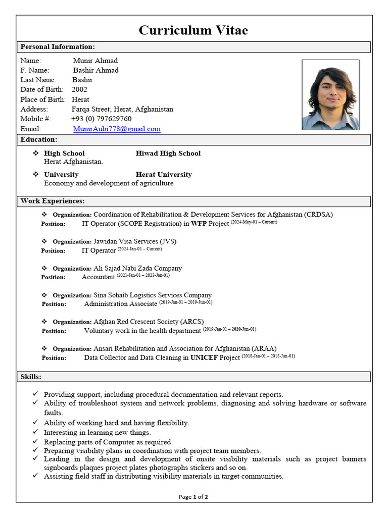Munir (2024-Aug) CV | PDF | Afghanistan | Computing