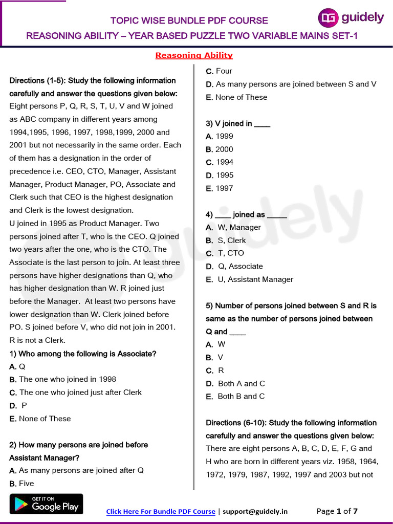 Year Puzzle-Two Variable Set 1 | PDF | Mathematics