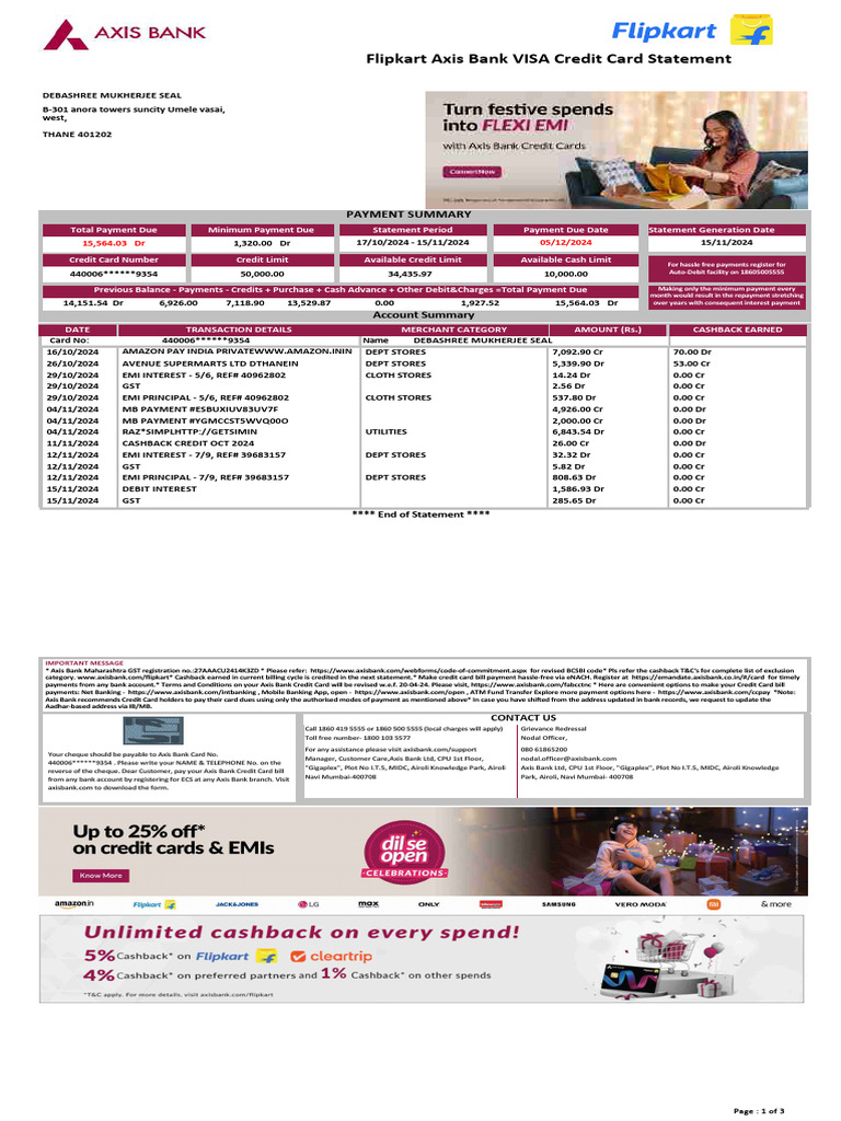 Credit Card Statement Axis | PDF | Credit Card | Payments