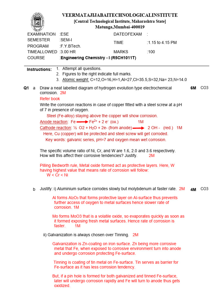 Engineering Chemistry Exam Paper | PDF | Corrosion | Chemical Reactions