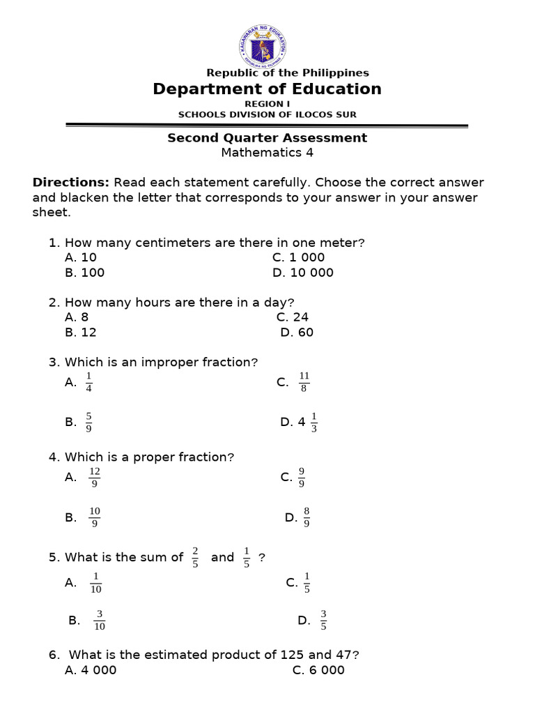 Mathematics 4 Second Quarter Assessment | PDF