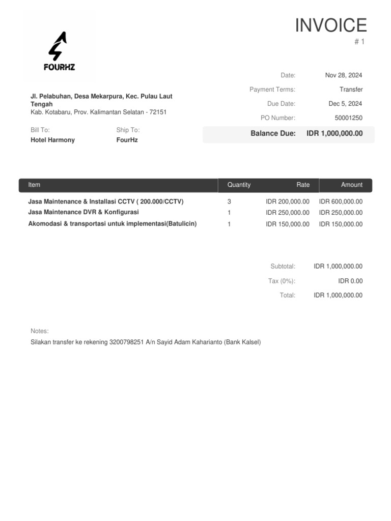 Invoice SPHZ-Instalasi CCTV Dan Maintance DVR | PDF