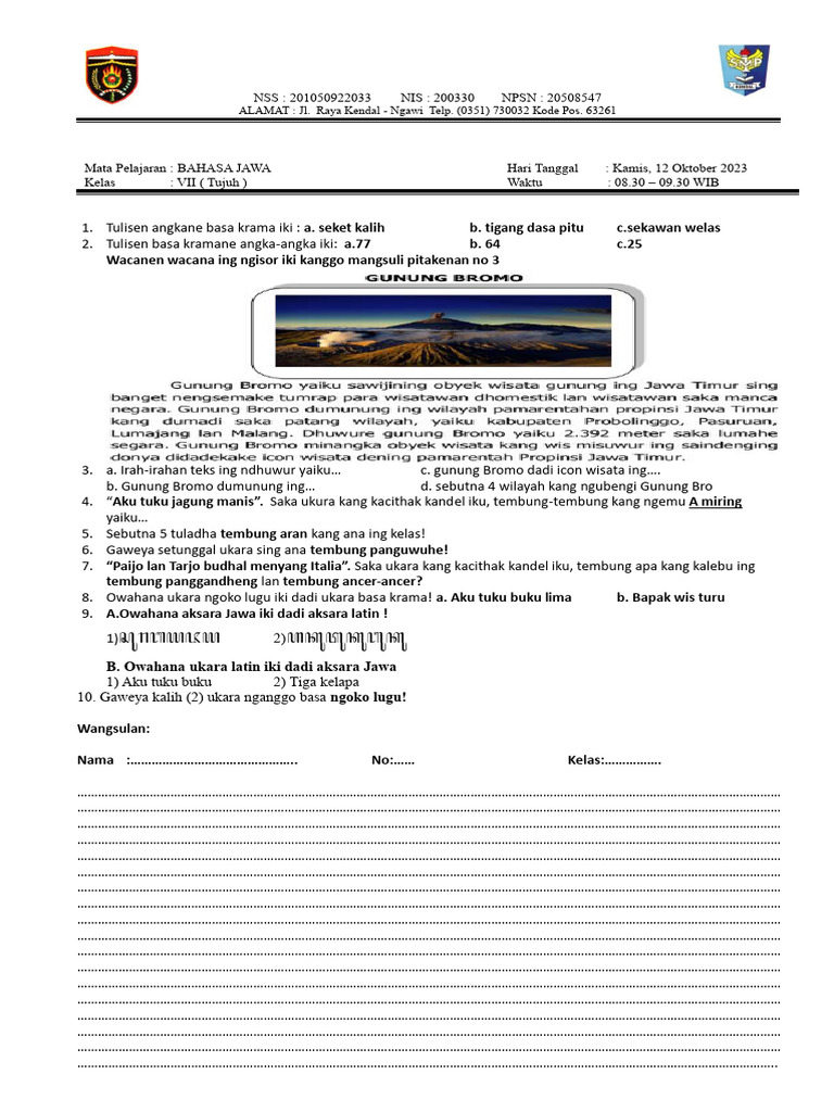Soal STS Ganjil Kelas 7 Bahasa Jawa 2023-2024 | PDF