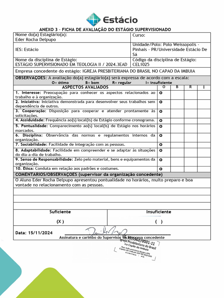 Ficha de Avalia o Do Estagiário 0II | PDF
