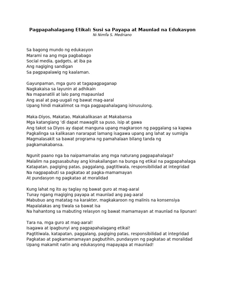 Filipino Wikang Mapaglaya Sabayang Pagbigkas Grade