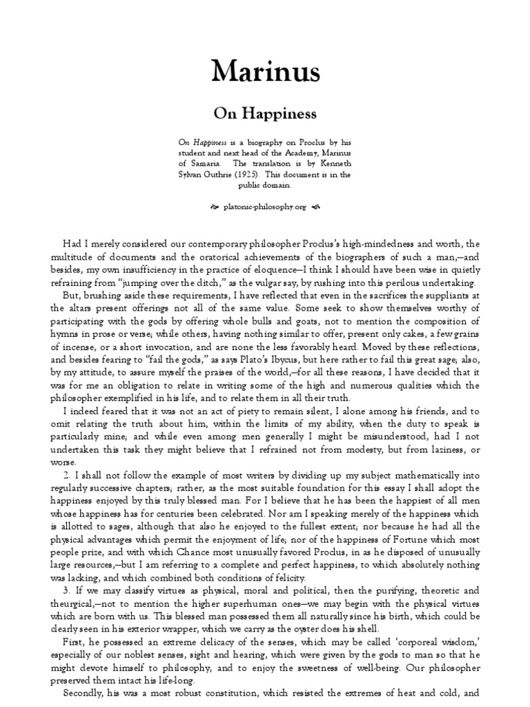 Proclus, Marinus - On Happiness | PDF | Nous | Plato