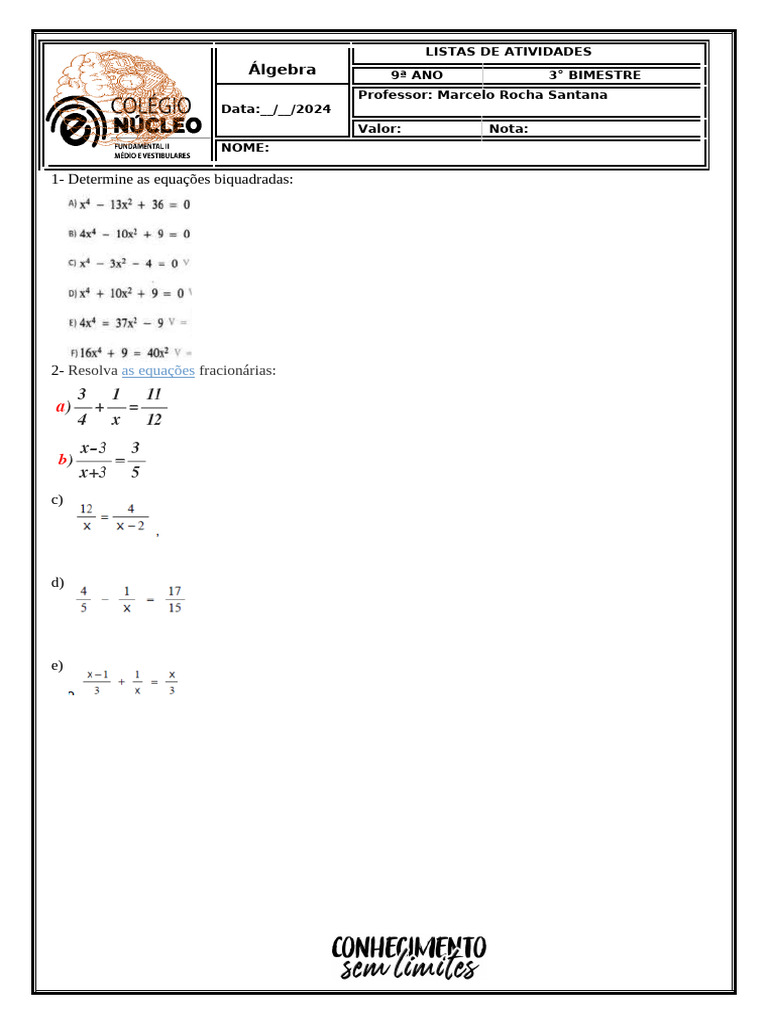 Atividades de Álgebra 9º Ano | PDF