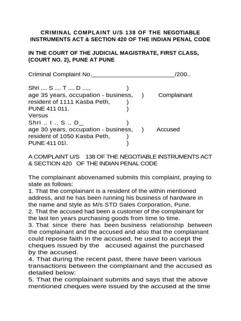 CRIMINAL COMPLAINT Sec 138 OF THE NEGOTIABLE INSTRUMENTS ACT - SECTION 420 OF THE INDIAN PENAL ...