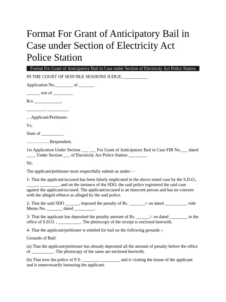 Format For Grant of Anticipatory Bail in Case Under Section of ...