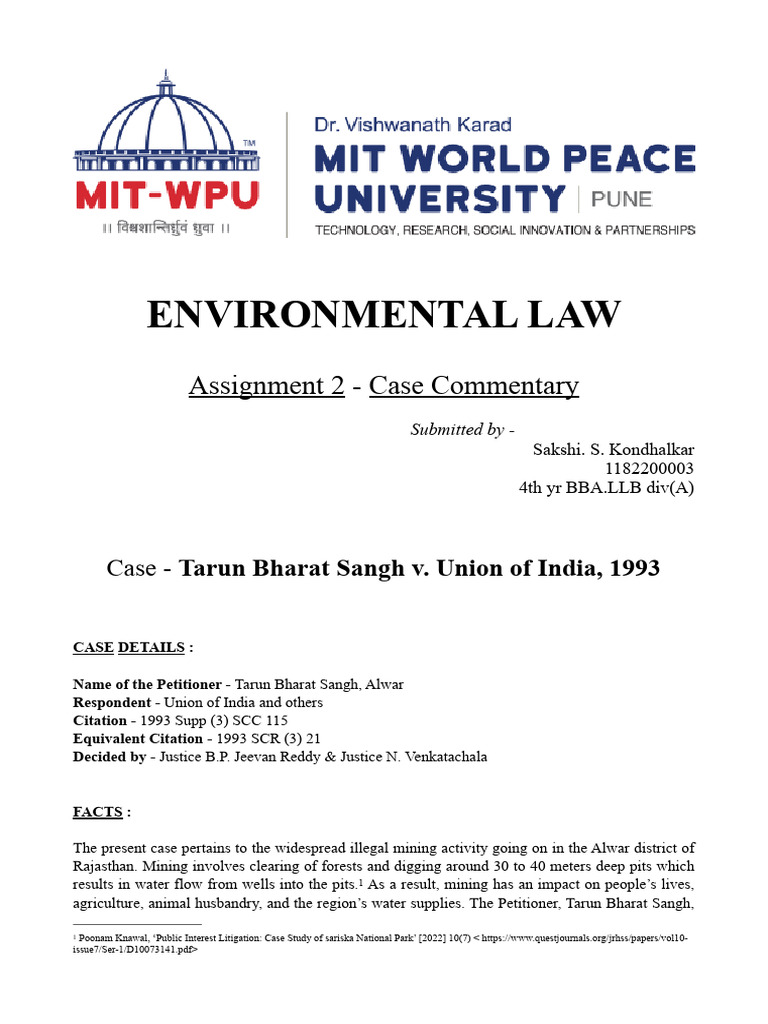 EnvtLaw CaseCommentary SakshiKondhalkar 1182200003 Diva | PDF | Mining | Natural Environment
