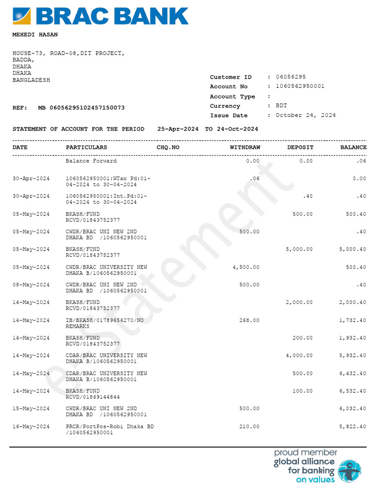BRAC Bank Statement 24102024 | PDF | Service Industries | Payments