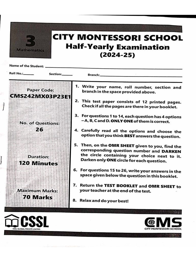 Mathematics Half Yearly Examination 2024 - 2025 | PDF