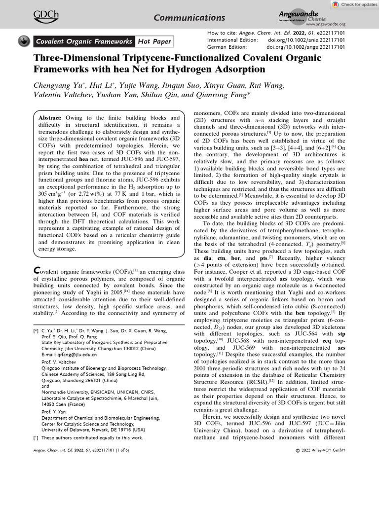Angew Chem Int Ed - 2022 - Yu - Three Dimensional Triptycene ...