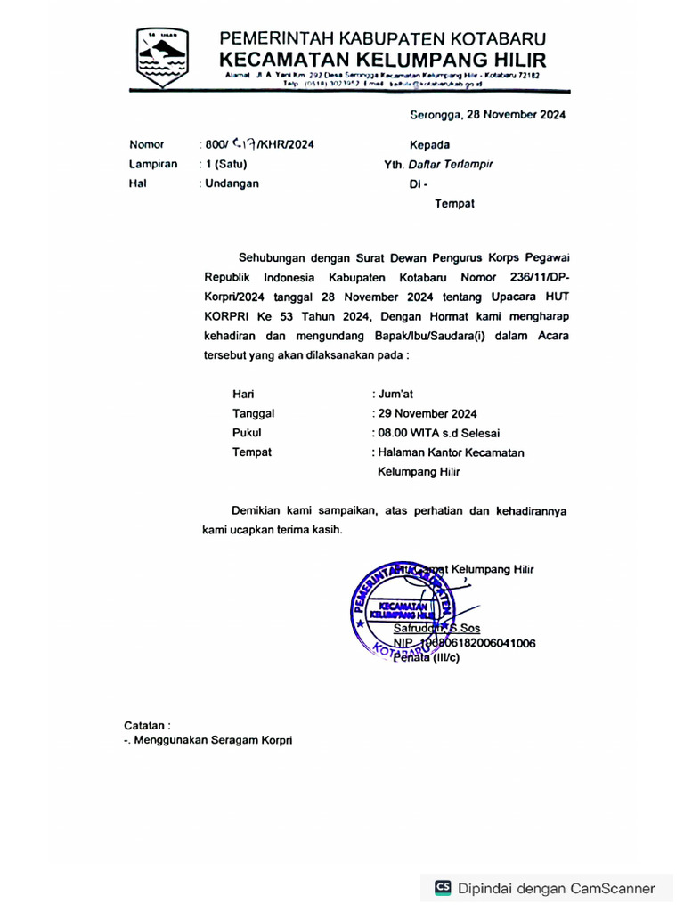 Undangan Upacara Hut Korpri Ke 53 | PDF