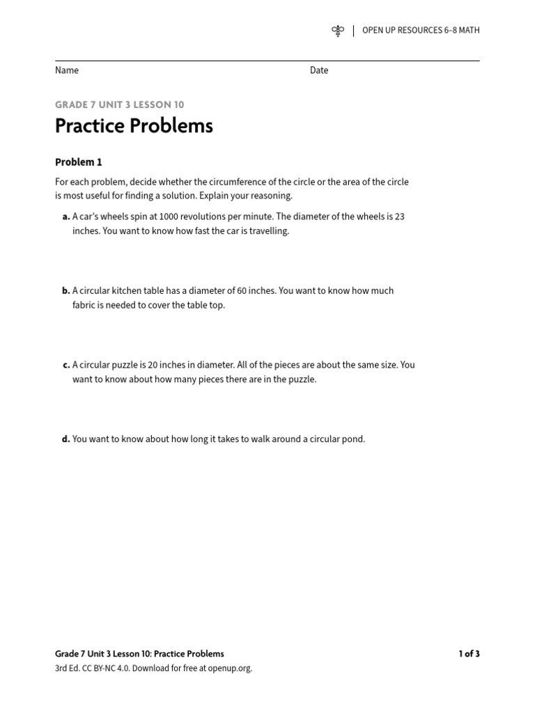 Ade 7.unit 3.section C.lesson 10-Practice Problems-En | PDF | Circle | Area