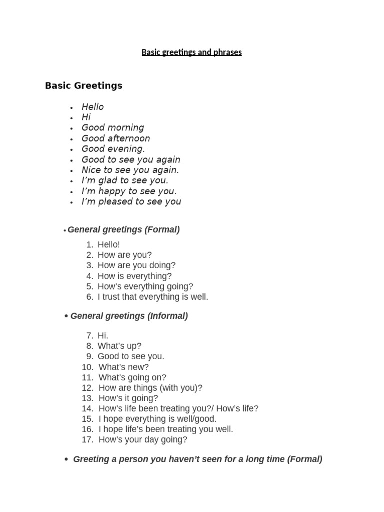 Basic Greetings and Phrases | PDF