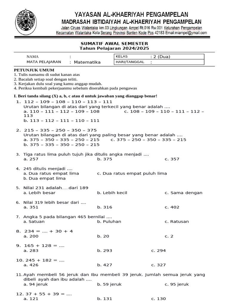 Soal SAS Matematika Kelas 2 Semester 1 | PDF