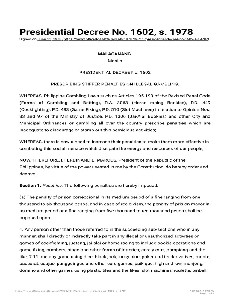 Presidential Decree No. 1602, S. 1978 - Official Gazette of The ...