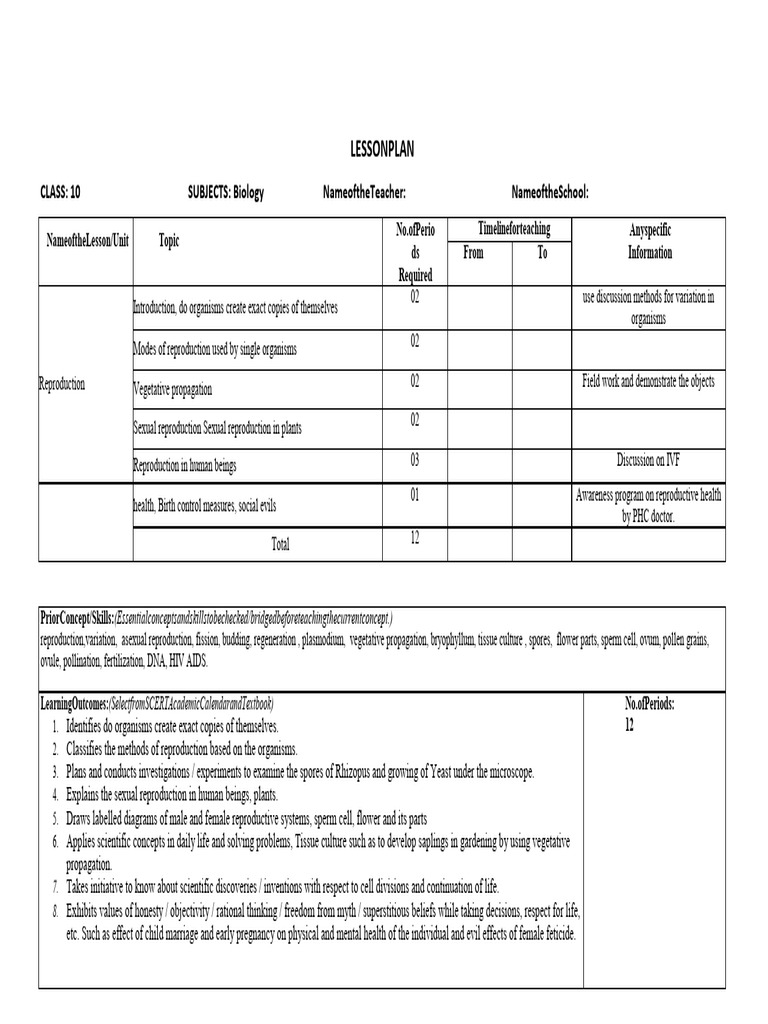 Class 10 Biology: Reproduction Lesson Plan | PDF | Sexual Reproduction ...