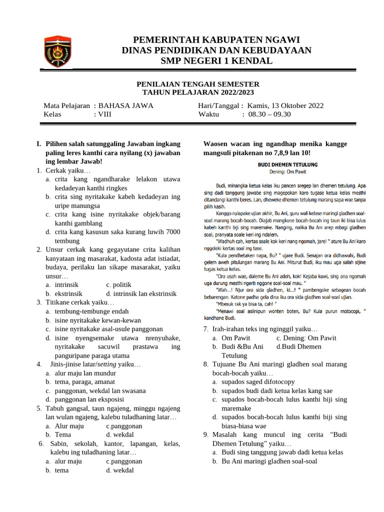 Soal PTS Ganjil Bahasa Jawa Kelas 8 | PDF