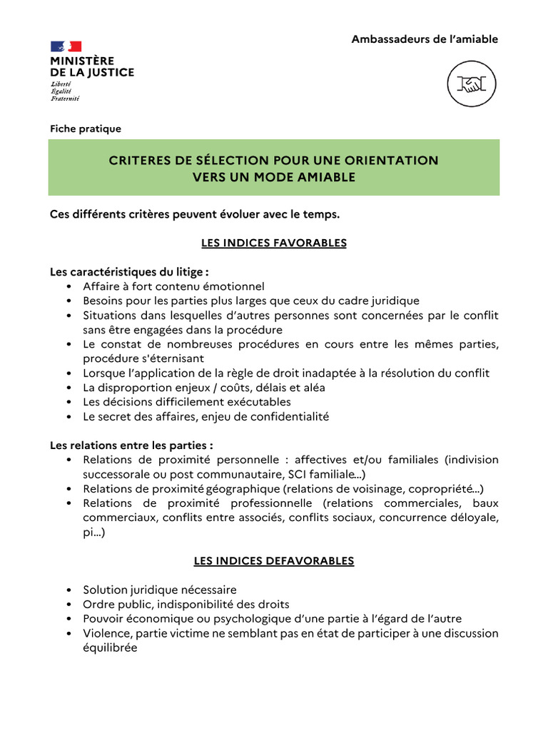 Criteres de Selection Modes Amiables | PDF