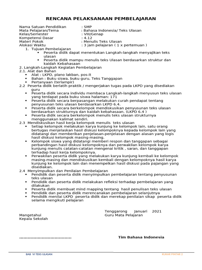 RPP Bindo 8 Bab 6 Teks Ulasan, Pertemuan 4 | PDF