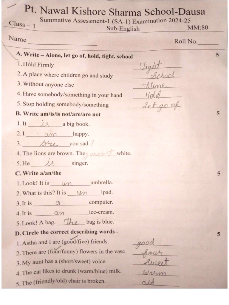 Class 1 - English SA I Paper | PDF