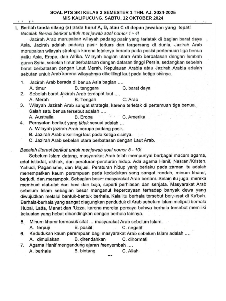 Soal PTS Ski Kelas 3 SMT 1 2023-2024 | PDF