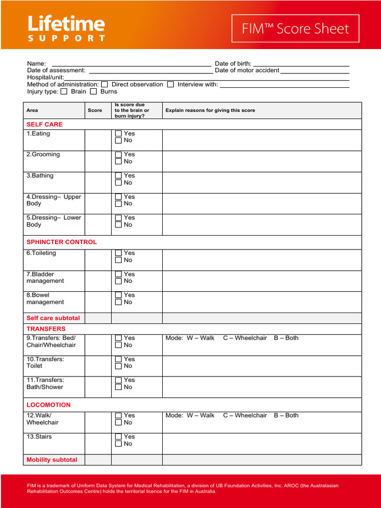 FIM & WeeFIM Scoresheet | PDF | Wheelchair | Cognition