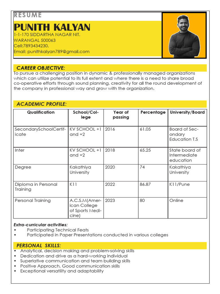 Punith Kalyan Resume | PDF | Personal Trainer