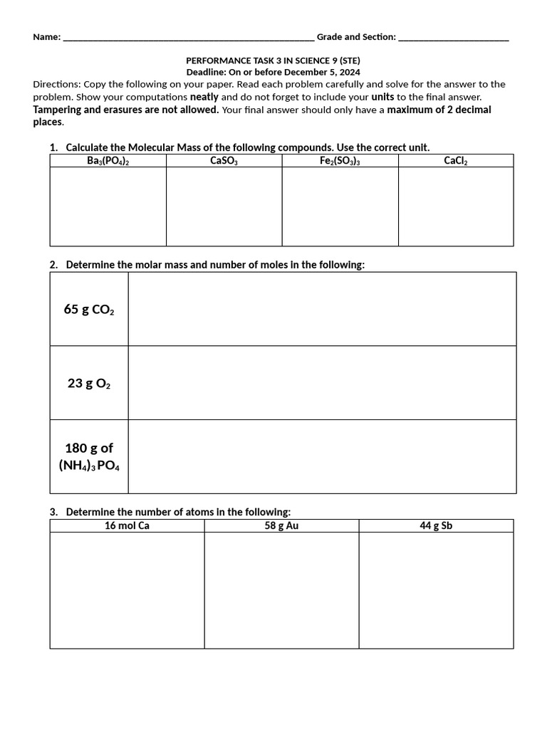 Performance Task 3 and 4 in Science Q2 | PDF | Mole (Unit) | Chemistry