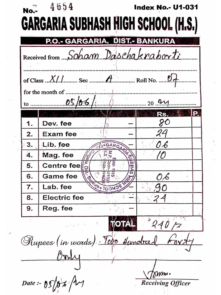 Gargaria Subhash High School Class 12 Admission Receipt | PDF