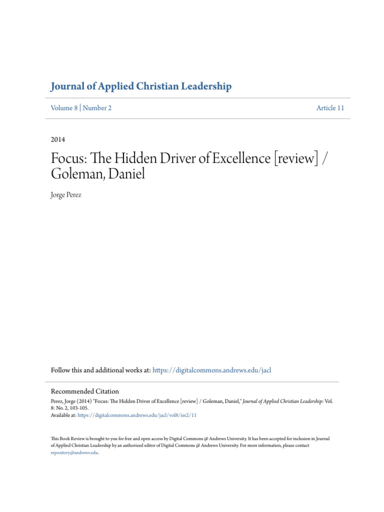 Focus - The Hidden Driver of Excellence (Review) - Goleman Daniel | PDF ...