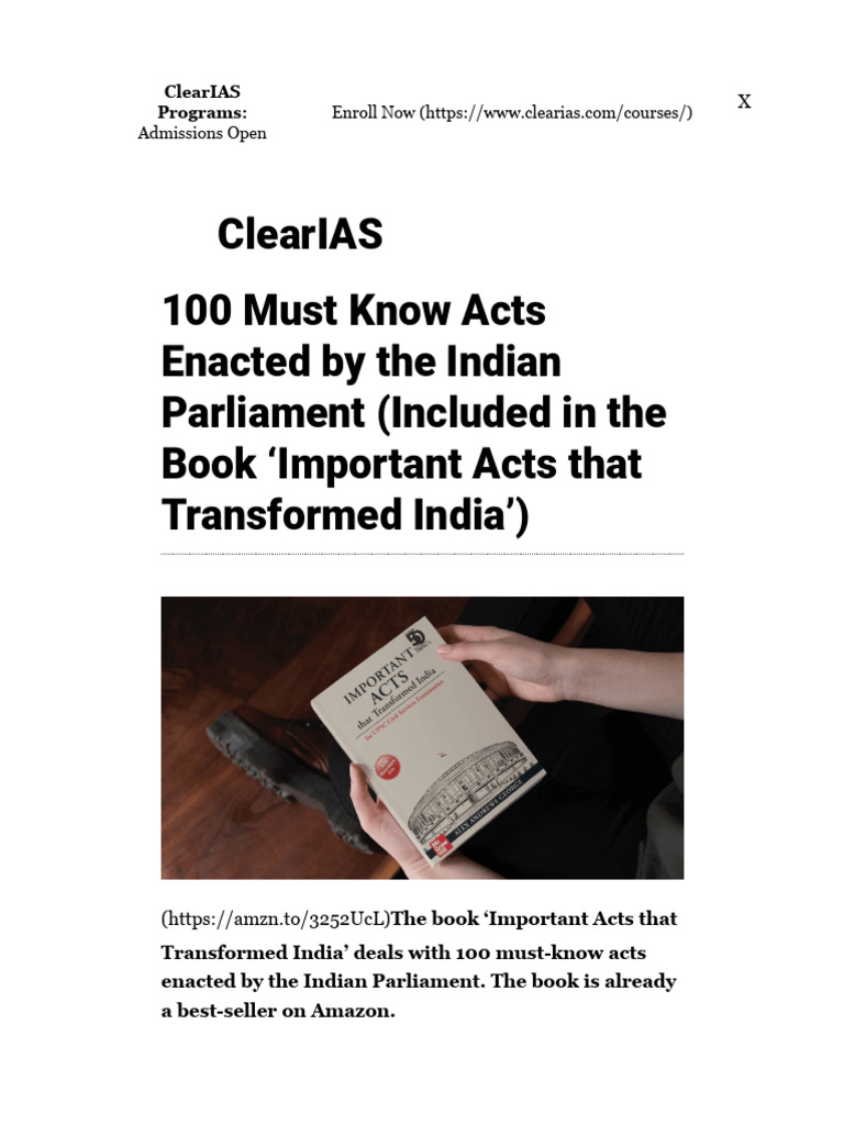 100 Must Know Acts Enacted by The Indian Parliament (Included in The ...