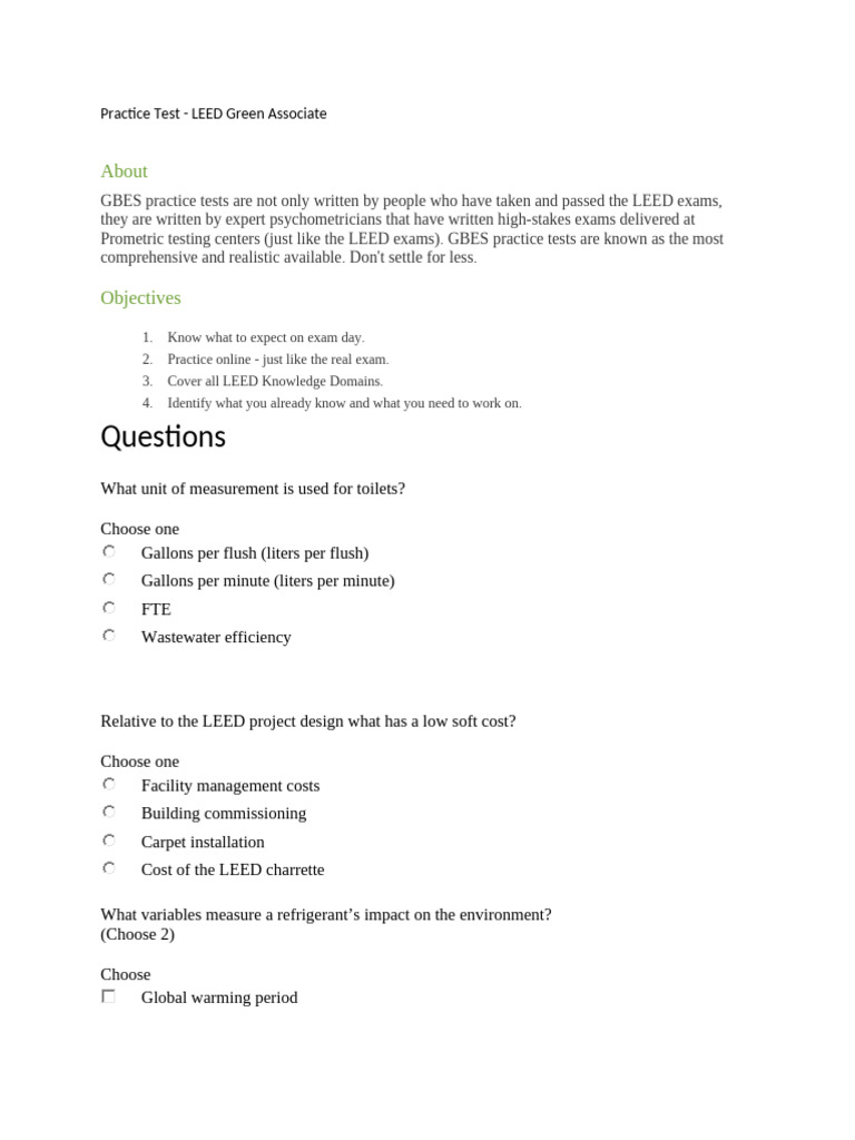 LEED GA Practice Test, 100 Q Wo Answers | PDF | Chlorofluorocarbon ...