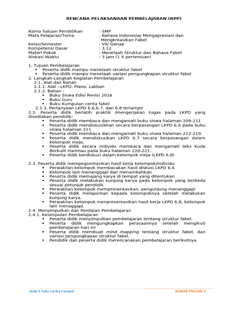 RPP Bindo 7 Bab 6 Teks Fabel, Pertemuan 3 | PDF