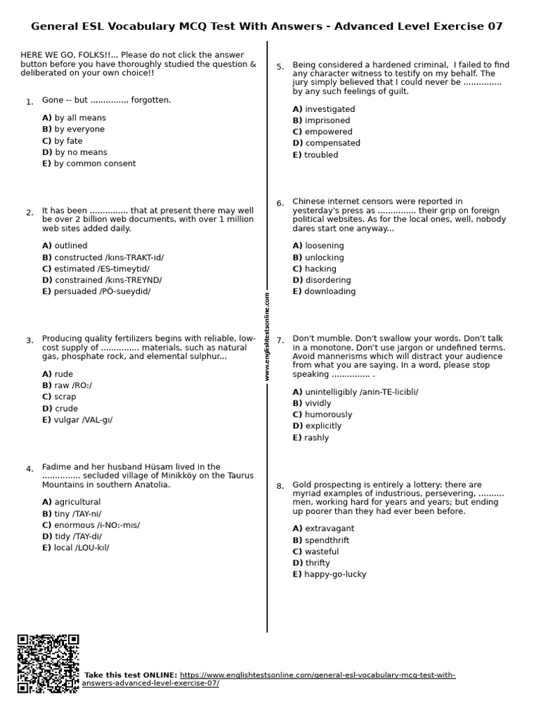 661 - General Esl Vocabulary MCQ Test With Answers Advanced Level ...