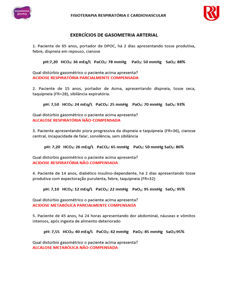 5.exercicios Gasometria GABARITO | PDF | Medicina Clínica | Doenças e ...