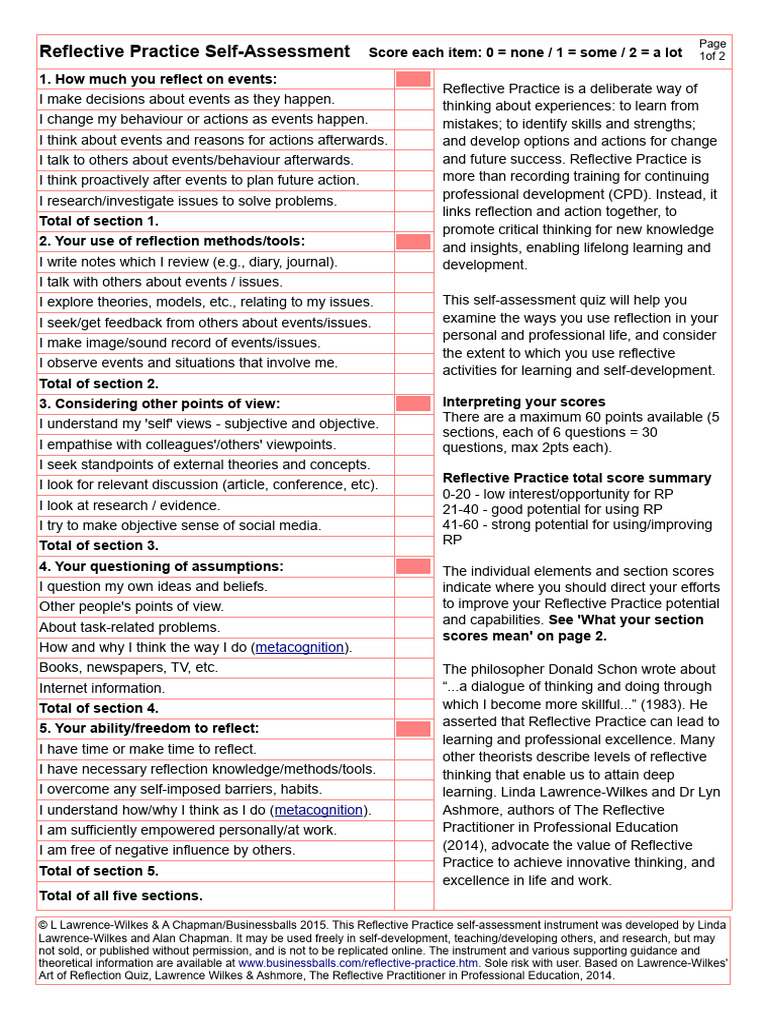 Reflective Practice Self Assessment | PDF | Reflective Practice | Thought