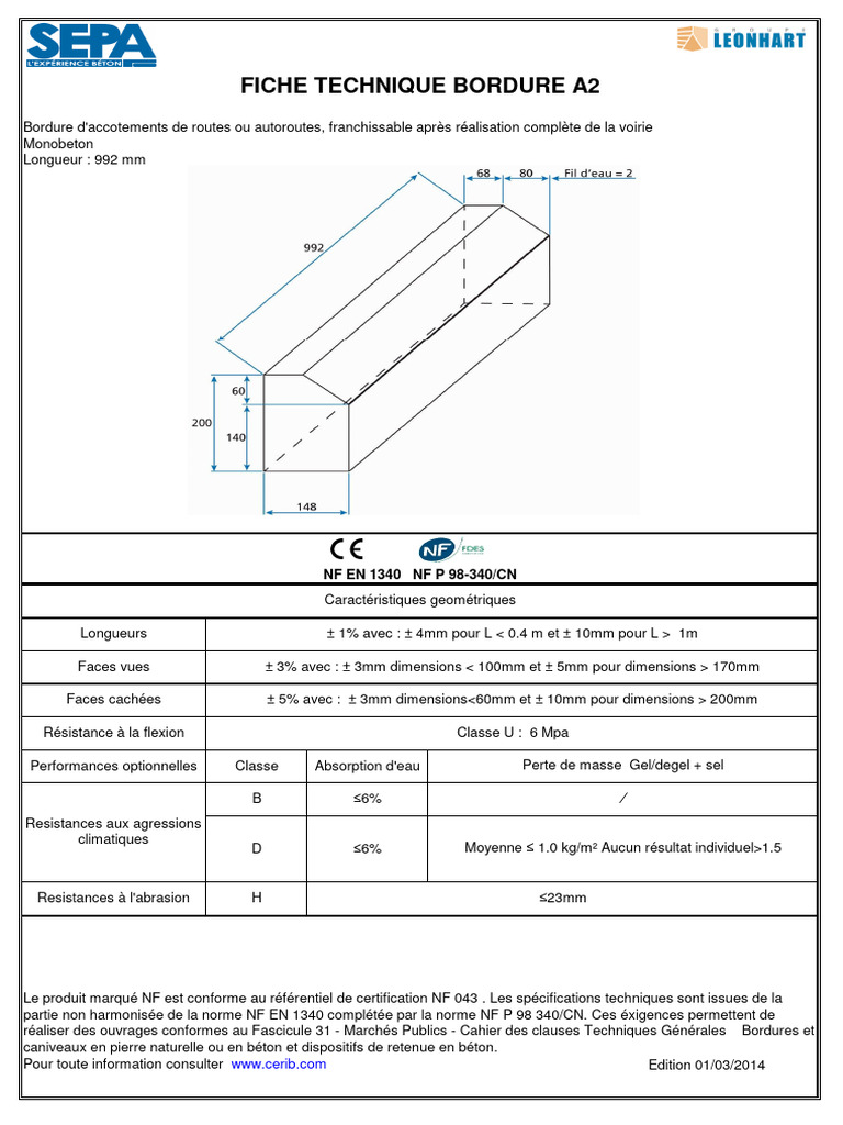 Fiche Technique Bordure A2: NF EN 1340 NF P 98-340/CN | PDF