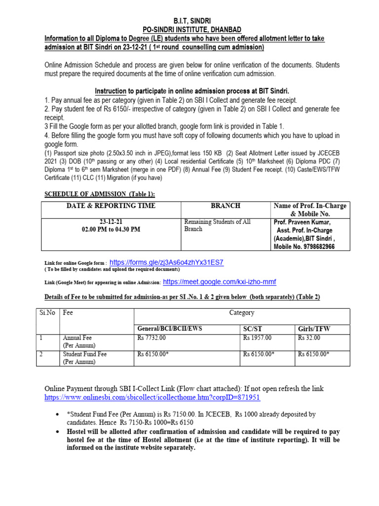 Notice For JCECE 2021-22 Admission BTech 3rd Sem Lateral Entry With Extension in Date On 23-12 ...