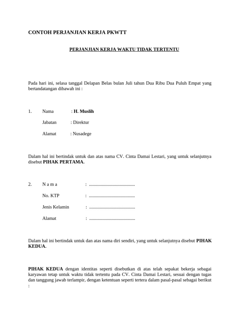 Contoh Perjanjian Kerja PKWTT | PDF