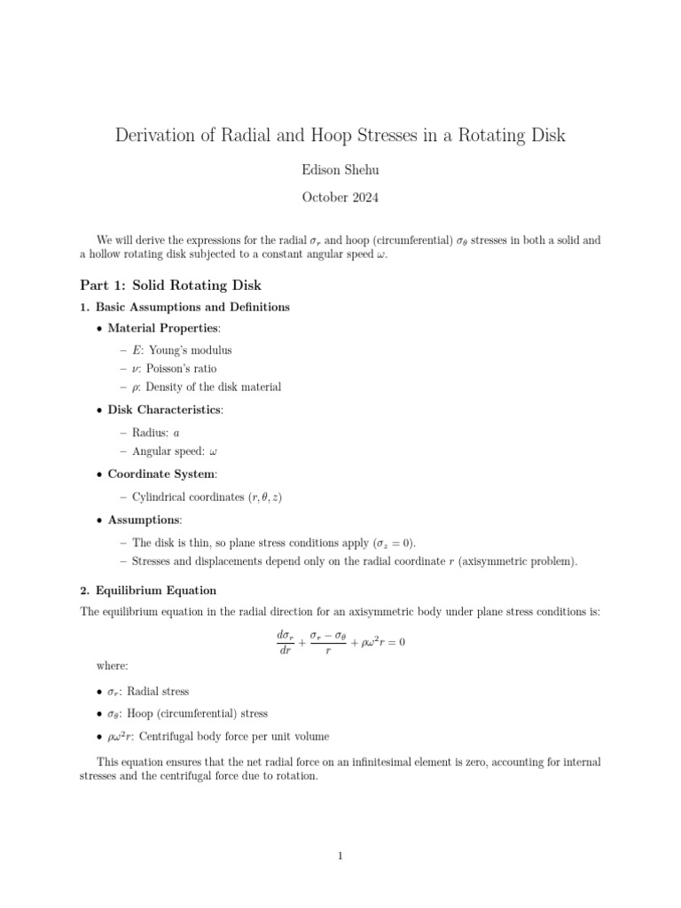Derivation of Radial and Hoop Stresses in A Rotating Disk | PDF ...